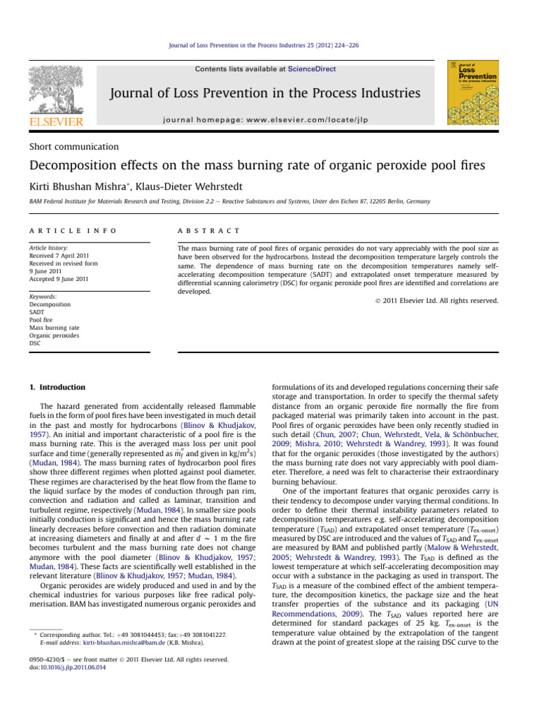 Decomposition Effects On The Mass Burning Rate of Organic Peroxide Pool ...