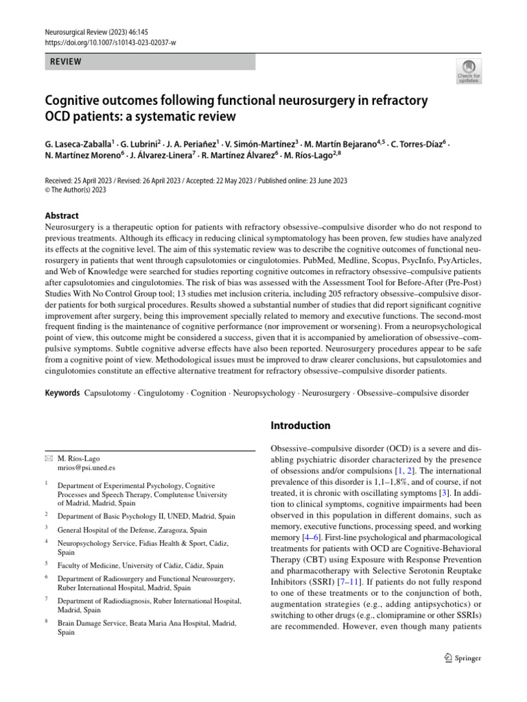 Cognitive outcomes following functional neurosurgery in refractory OCD patients- a systematic ...
