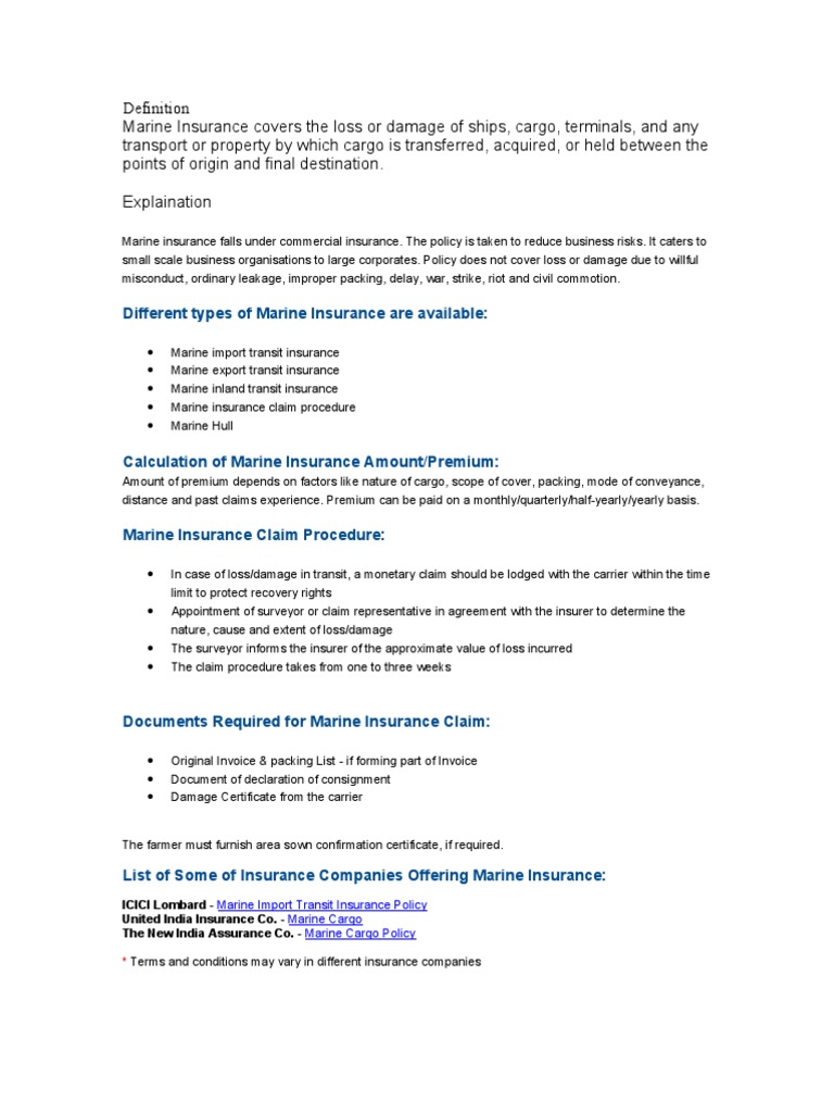 Marine Policy | Insurance | Cargo