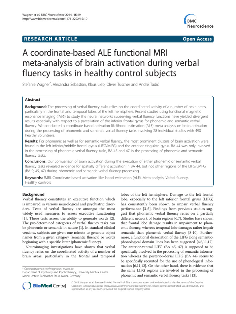 fMRI Meta-Analysis of Verbal Fluency | PDF | Frontal Lobe | Functional ...