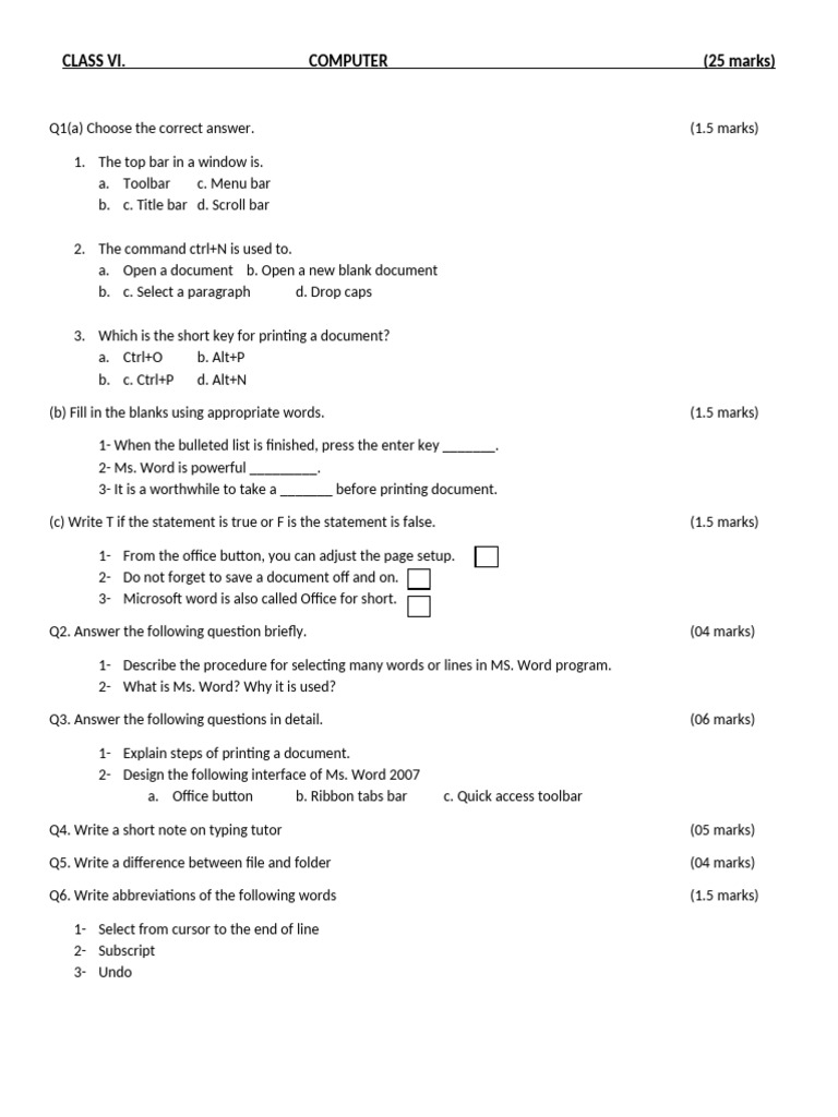 Class VI Computer Basics Quiz | PDF