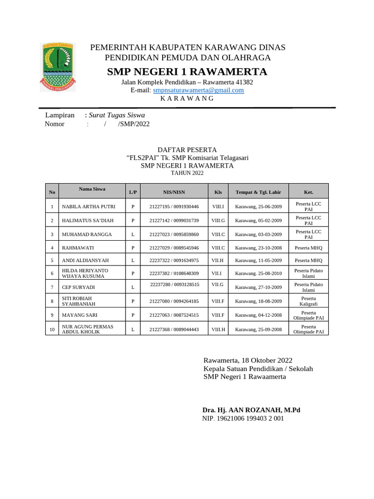 Surat Tugas Siswa - Fls2pai | PDF