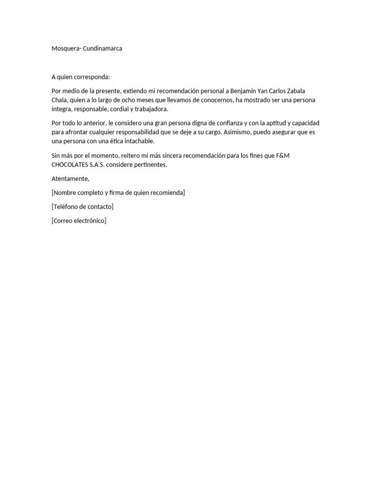 Recomendación para Benjamín Yan Carlos | PDF