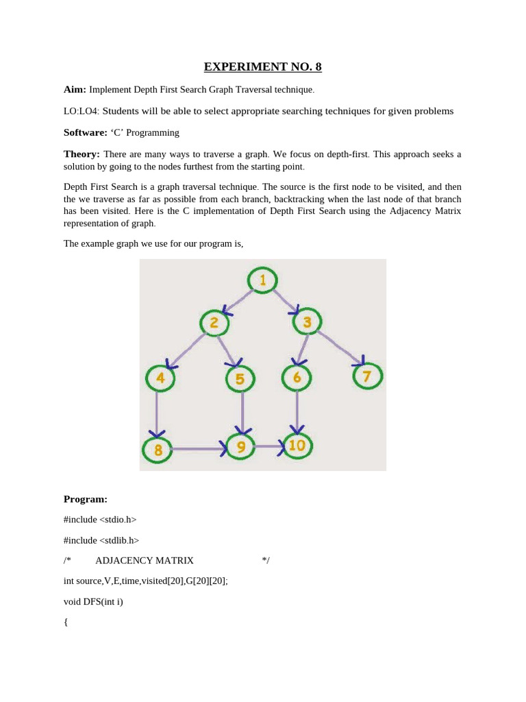8. Implement Depth First Search Graph Traversal technique | PDF 8. Implement Depth First Search Graph Traversal technique | PDF