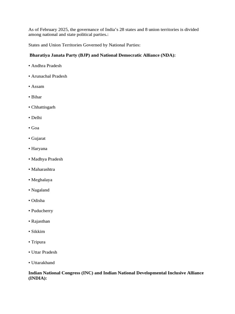 Indian States and Ruling Parties 2025 | PDF