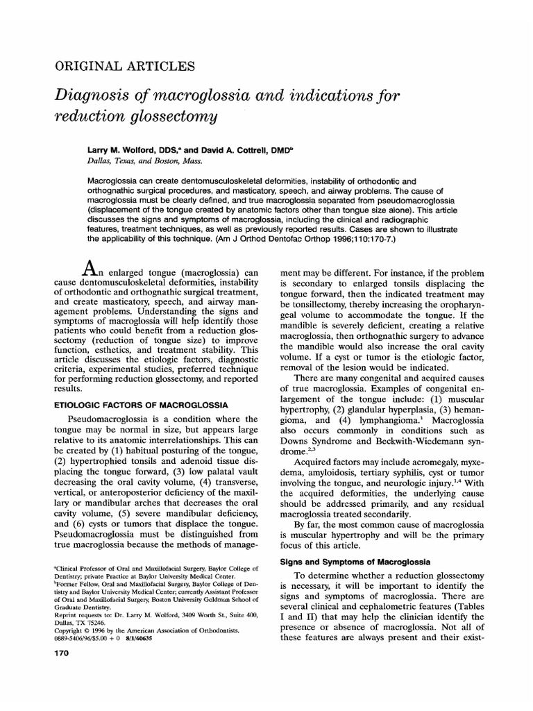 DIAGNOSIS OF MACROGLOSSIA AND INDICATIONS FOR REDUCTION GLOSSECTOMY | PDF