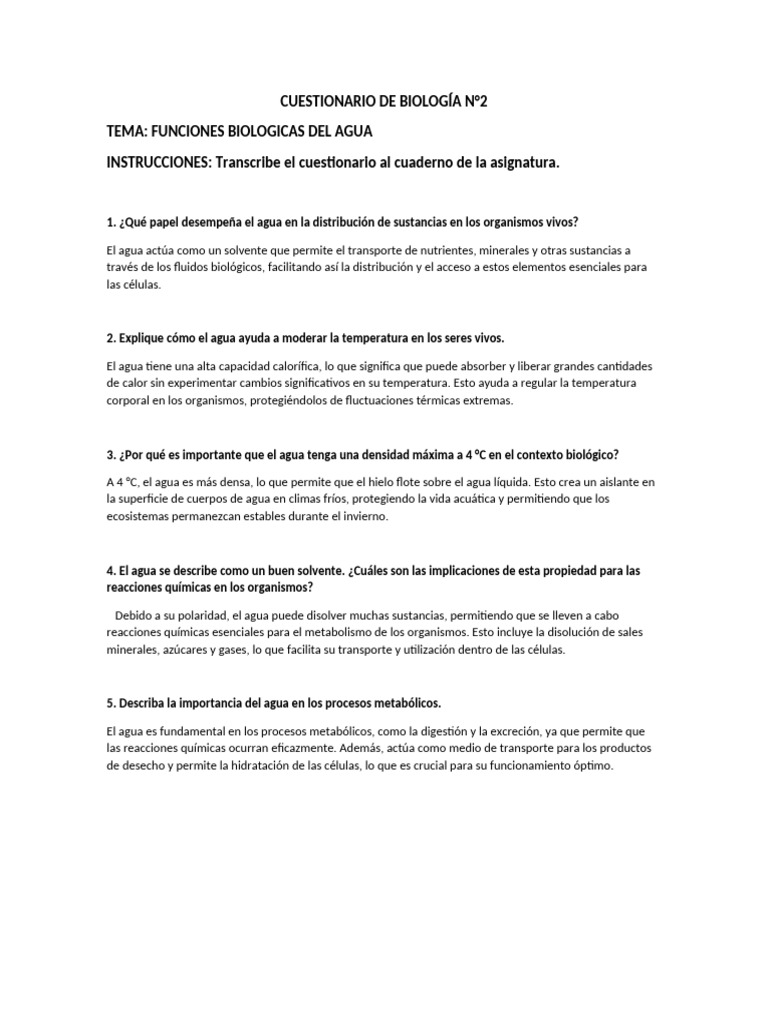 Funciones Biológicas del Agua | PDF