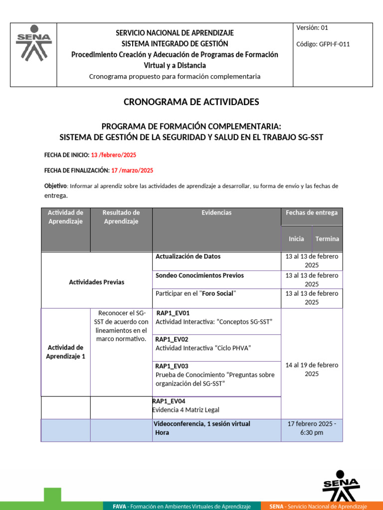 CRONOGRAMA DE ACTIVIDADES SG-SST | PDF