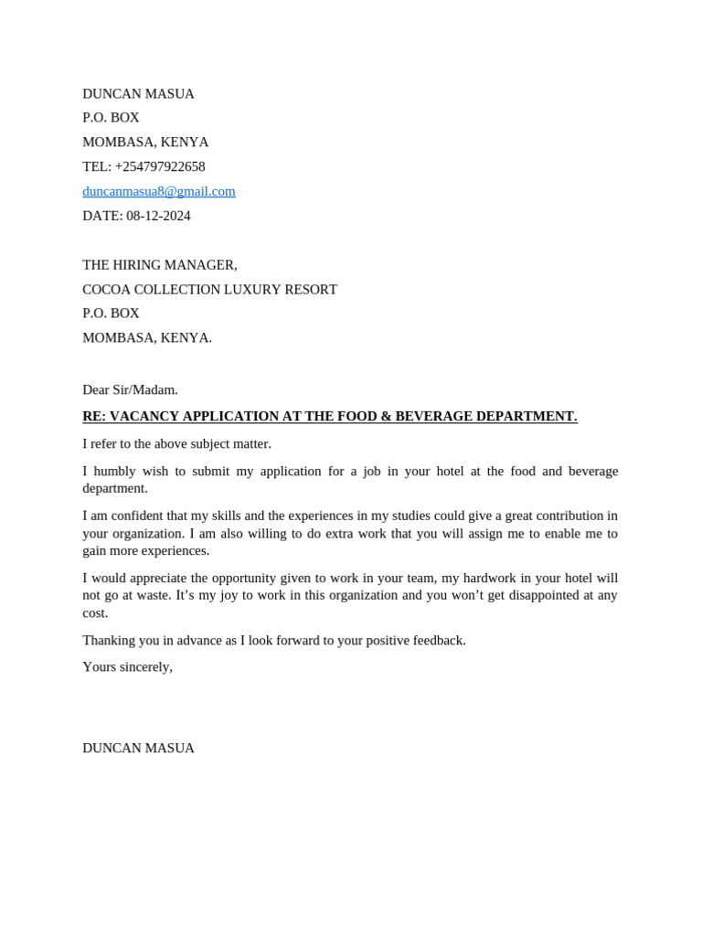 Application Letter For Job - Dancan Masua | PDF