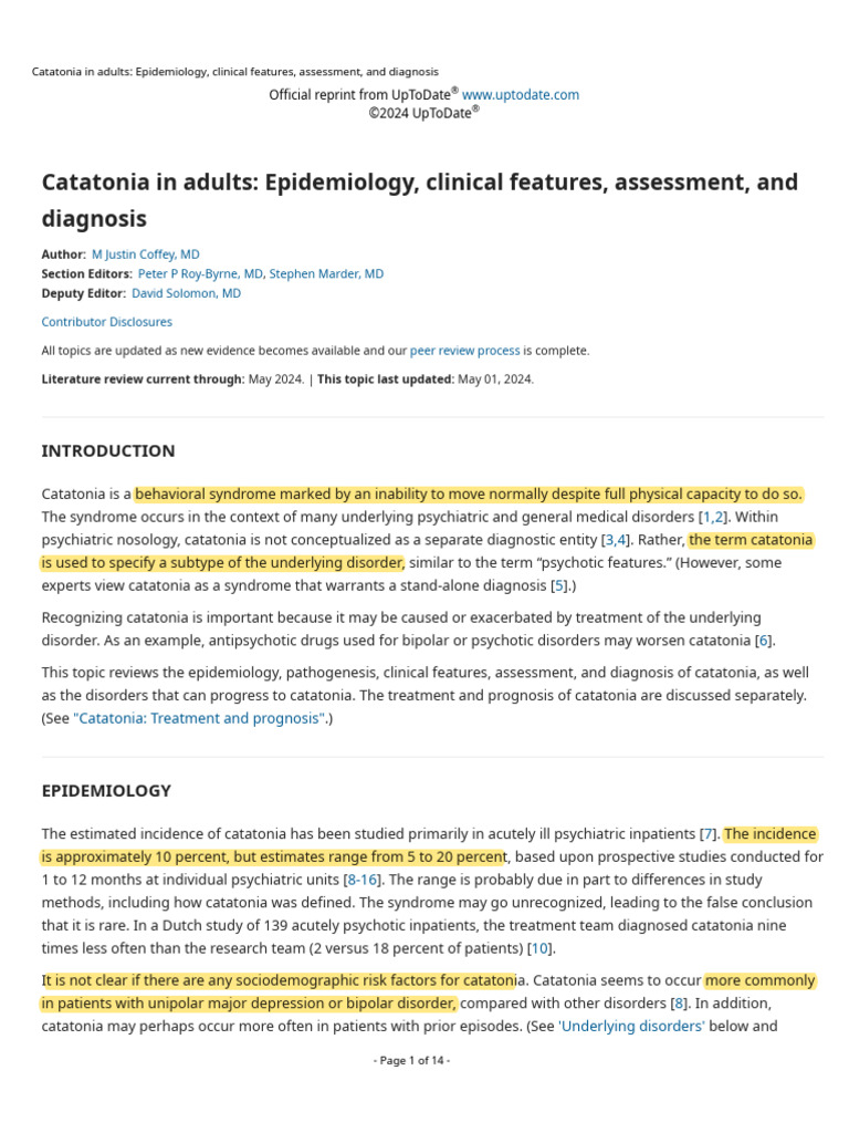 Catatonia in Adults: Epidemiology, Clinical Features, Assessment, and ...