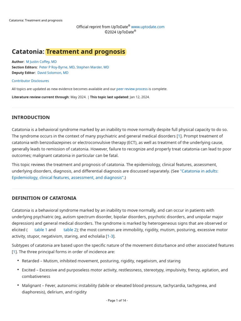 Catatonia: Treatment and Prognosis | PDF | Electroconvulsive Therapy | Antipsychotic