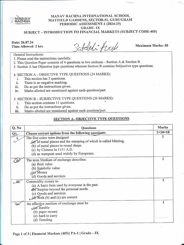 Financial Market Question Paper 2024-25 | PDF