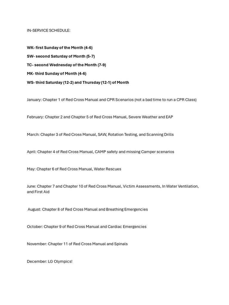 Monthly In-Service Training Schedule | PDF