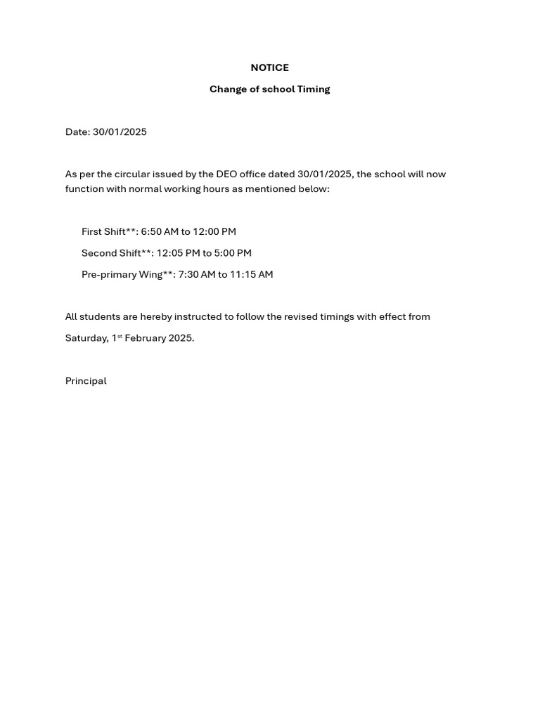 Change in School Timing Notice | PDF