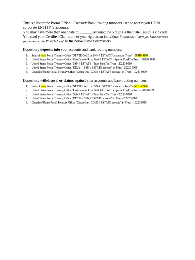 Postal Treasury Bank Routing Numbers | PDF