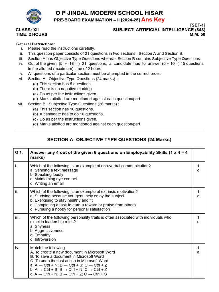 XII Pre Board II AI QP Set - 1 | PDF | Artificial Intelligence | Intelligence (AI) & Semantics