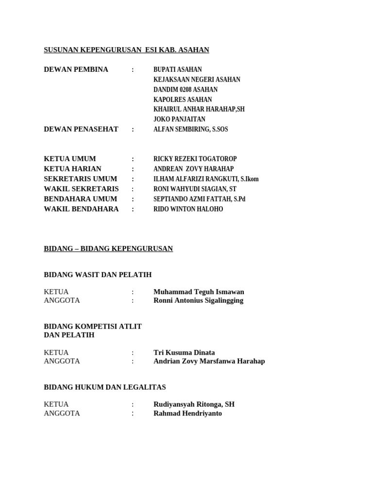 Struktur Pengurus ESI Asahan | PDF