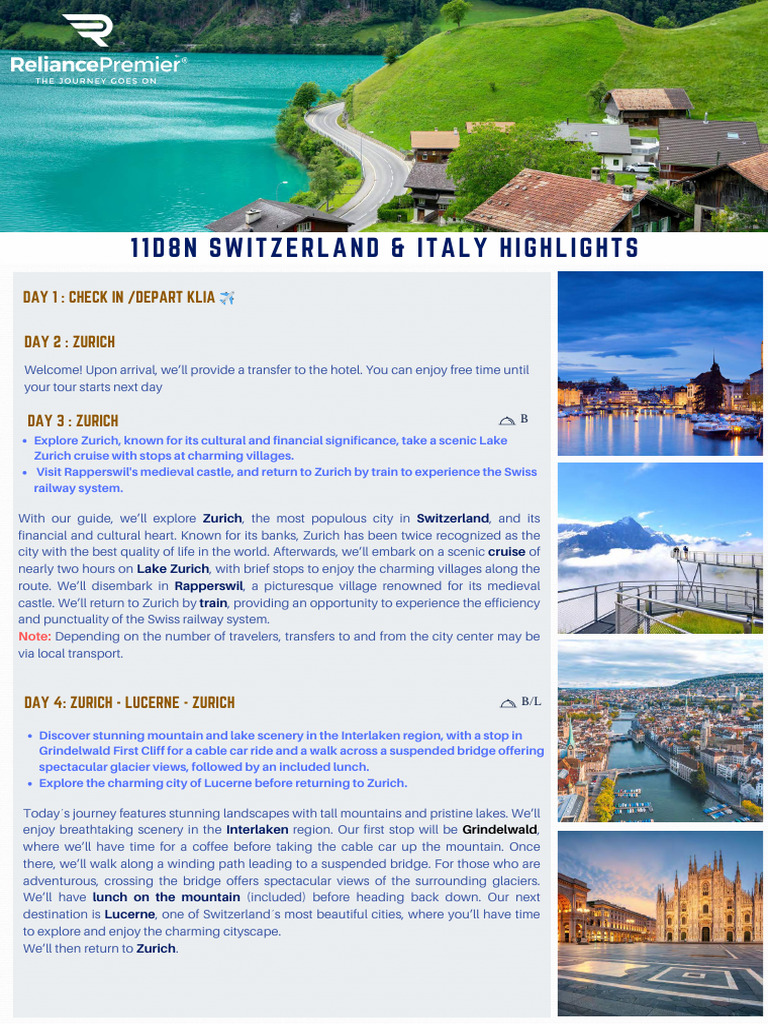 11D8N Switzerland Italy Highlights 2502274 1 | PDF | Rome | Florence