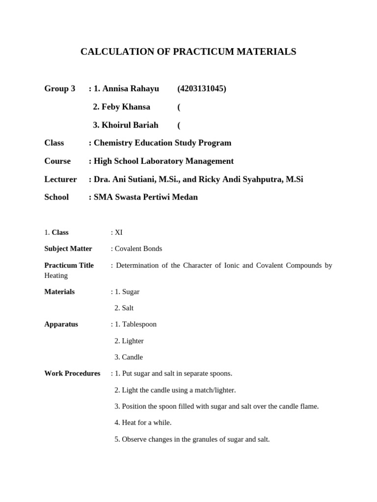 Calculation of Practicum Materials G-3 | PDF | Physical Sciences | Chemical Substances