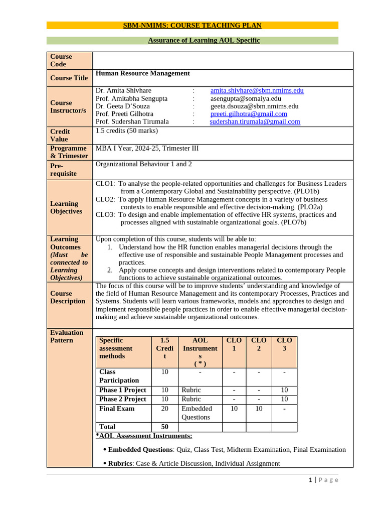 CO MBA HRM Course Outline 2024-25 | PDF | Recruitment | Human Resource ...