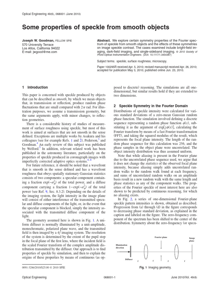 Some Properties of Speckle From Smooth Objects | PDF | Fourier Transform | Optics