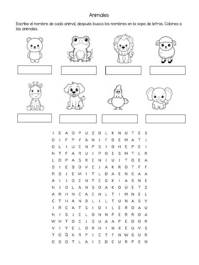 Sopa de Letras de Animales para Colorear | PDF