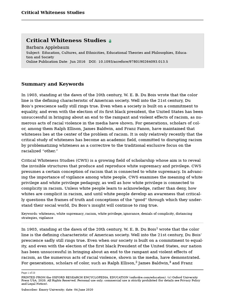 Understanding Critical Whiteness Studies | PDF | Whiteness Studies | Racism