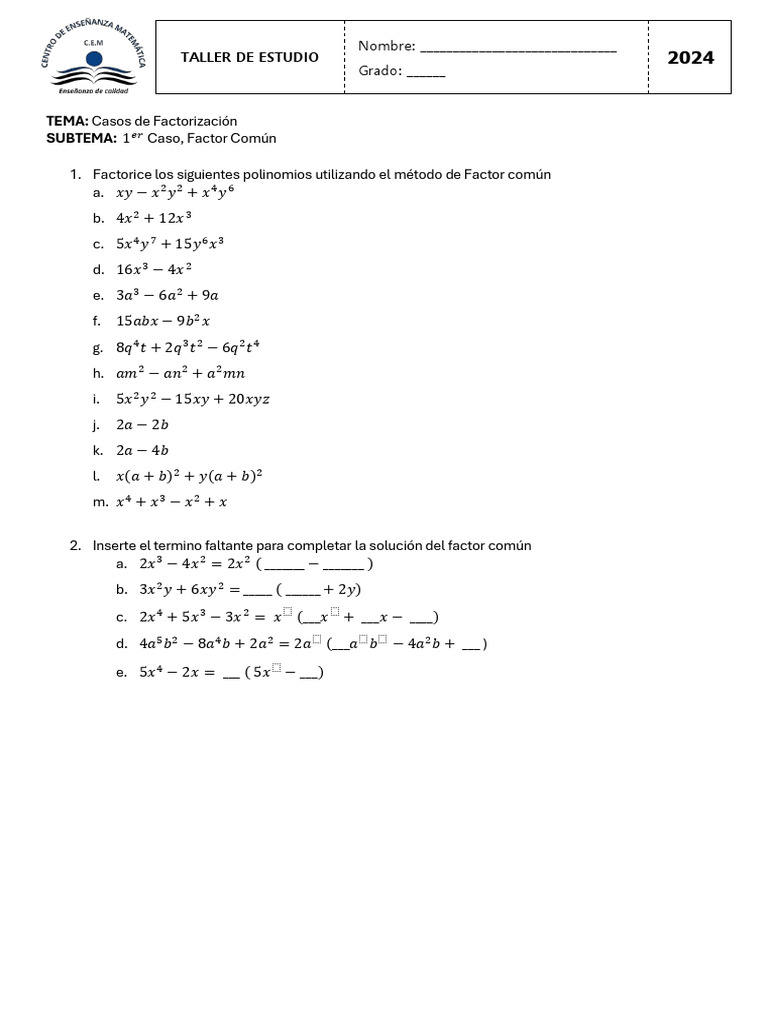 Taller Factor Común | PDF