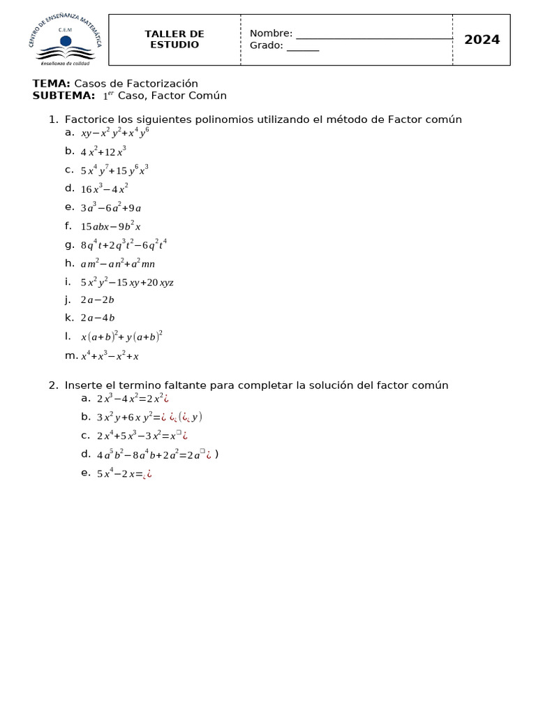 Taller Factor Común 2 | PDF