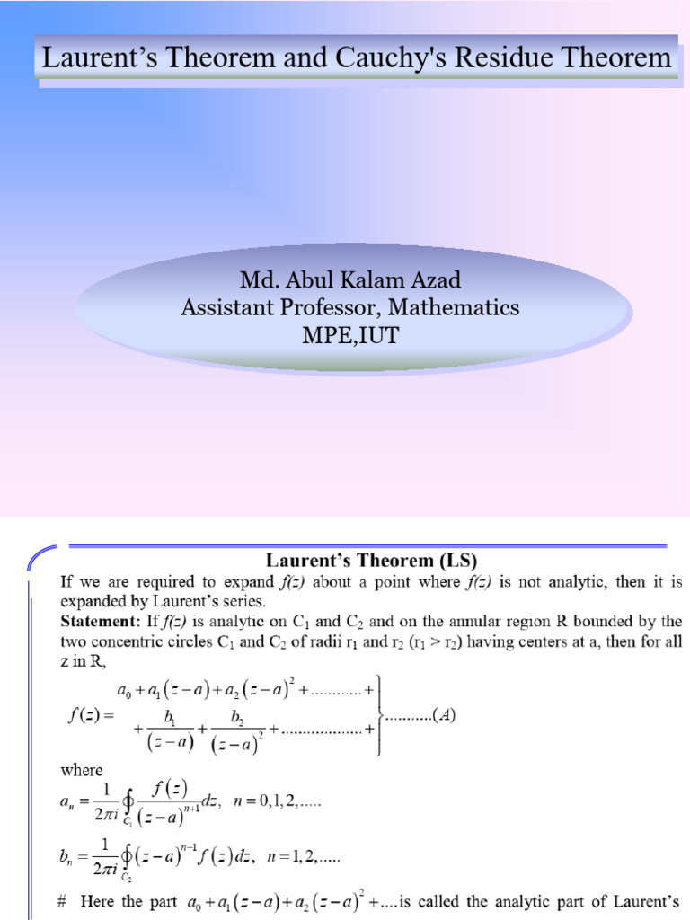 Lecture -14 Laurent’s Theorem and Cauchys Residue Theorem-14-1-2020 | PDF