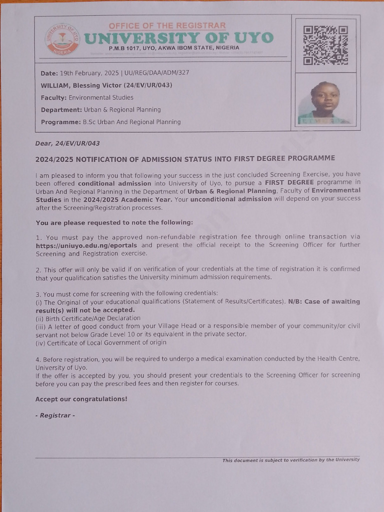 Admission Letter Acr | PDF