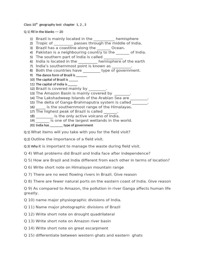 Class 10 Geography Test: Chapters 1-3 | PDF