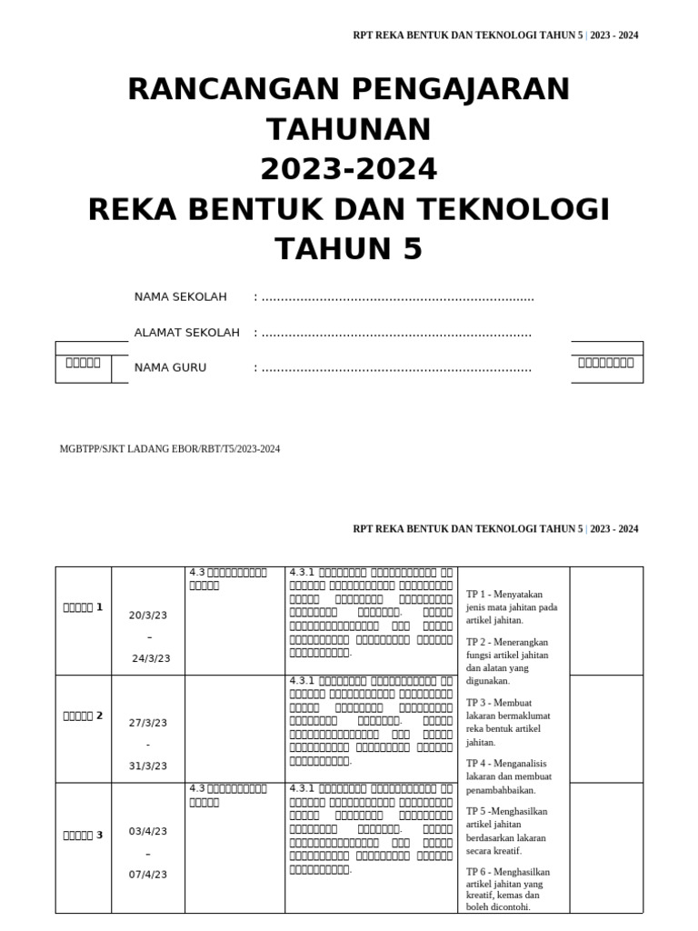RPT RBT Tahun 5 2023-2024 | PDF