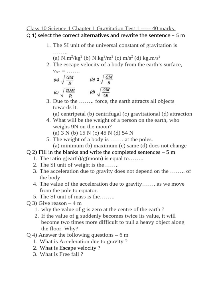 Class 10 Science 1 Chapter 1 Test 1 | PDF | Weight | Mass