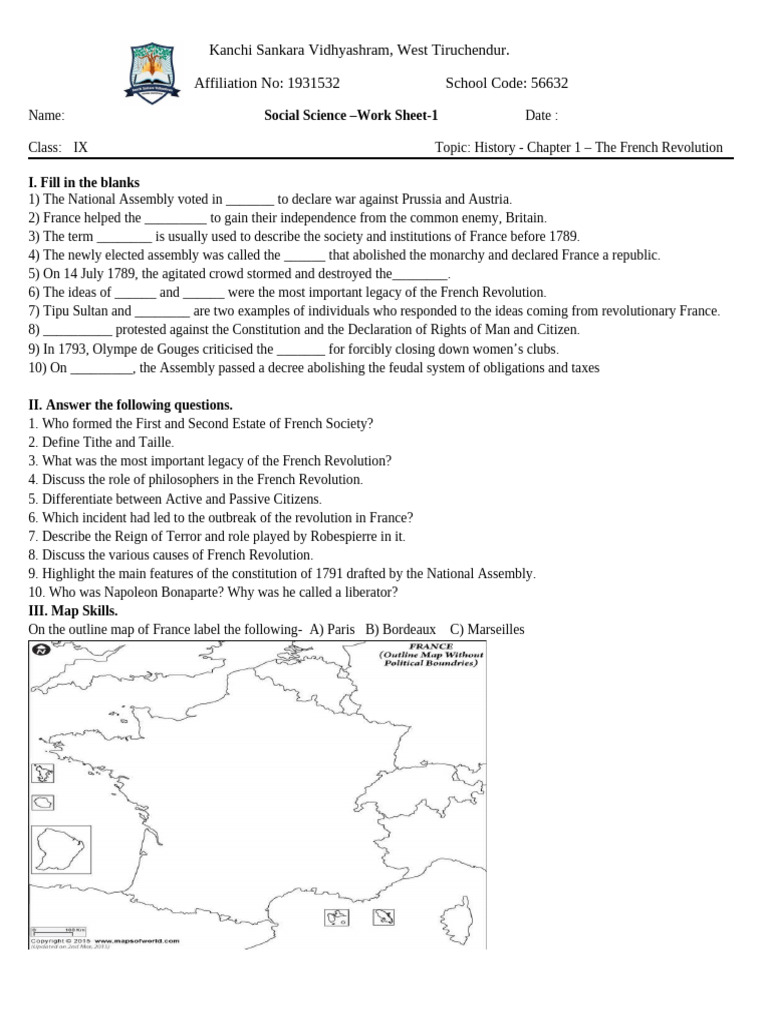 Work Sheet On The French Revolution | PDF