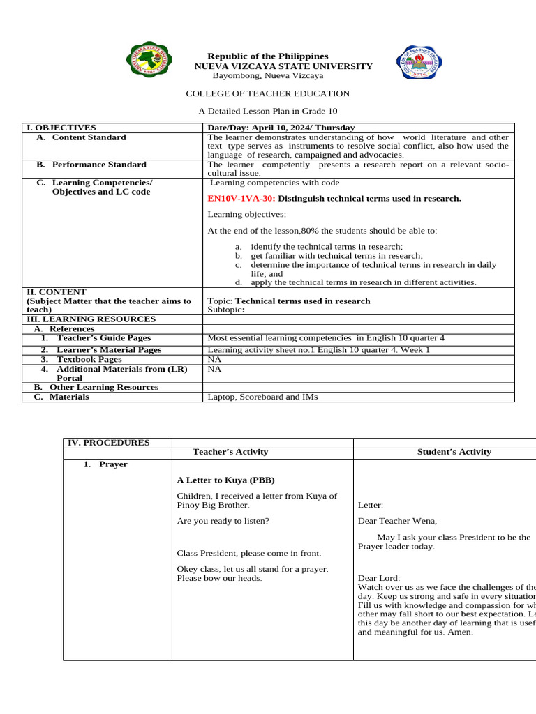 Detailed Lesson Plan Research Term | PDF | Methodology | Data