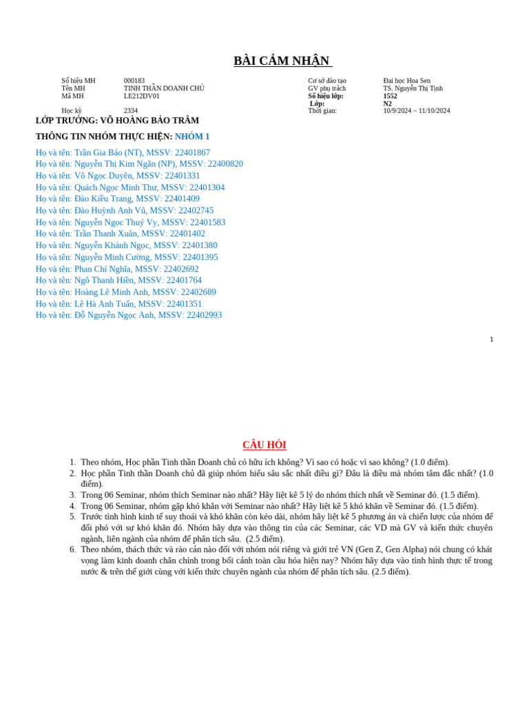 (TTDC) NHÓM 1 - BÀI CẢM NHẬN | PDF