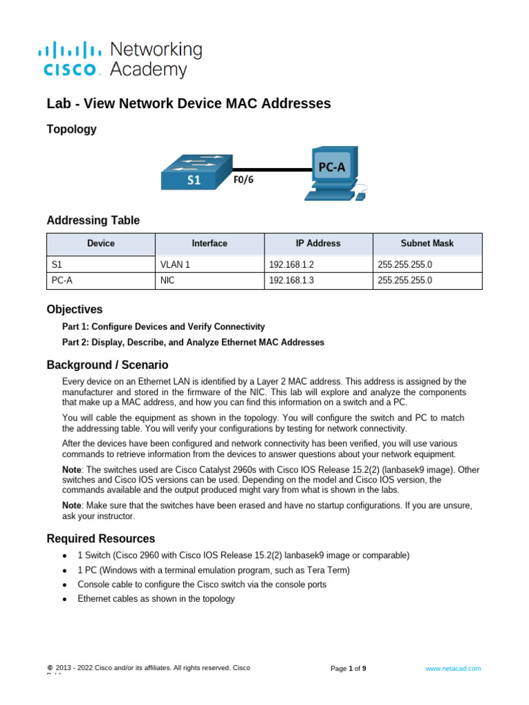 Network Device MAC Address Lab | PDF | Computer Network | Network Switch