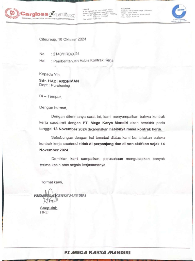 Paklaring Mega Karya Mandiri | PDF