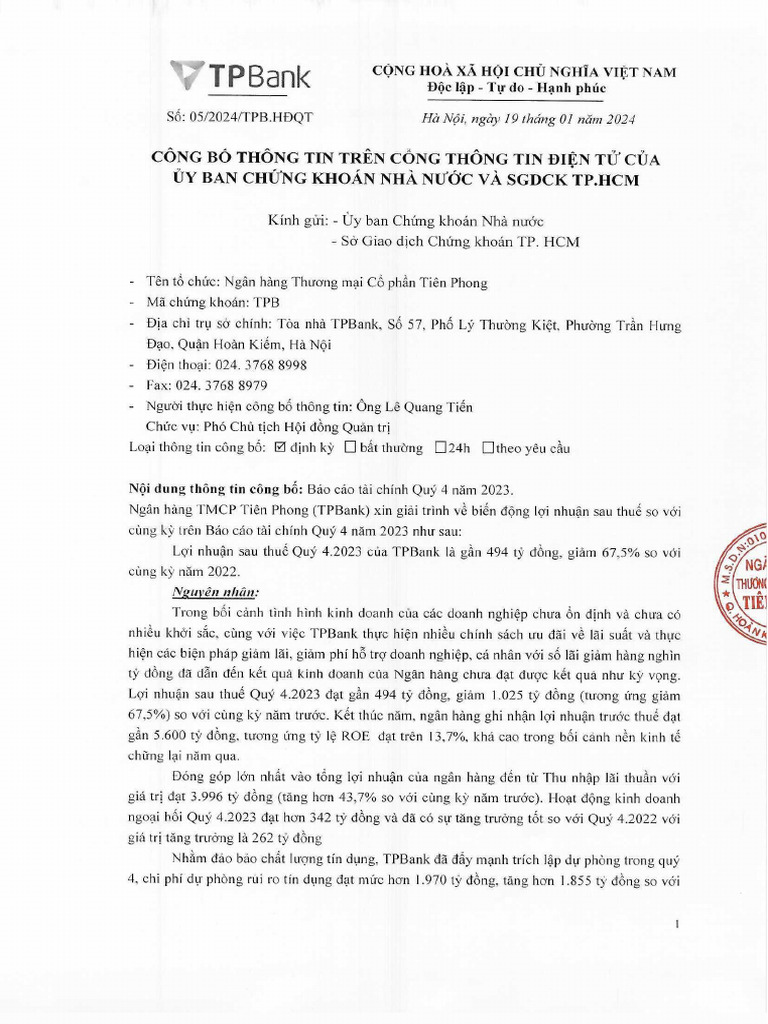 20240119+ +TPB+ +BCTC+Q4.2023+Kem+Giai+Trinh+Chenh+Lech+LNST | PDF