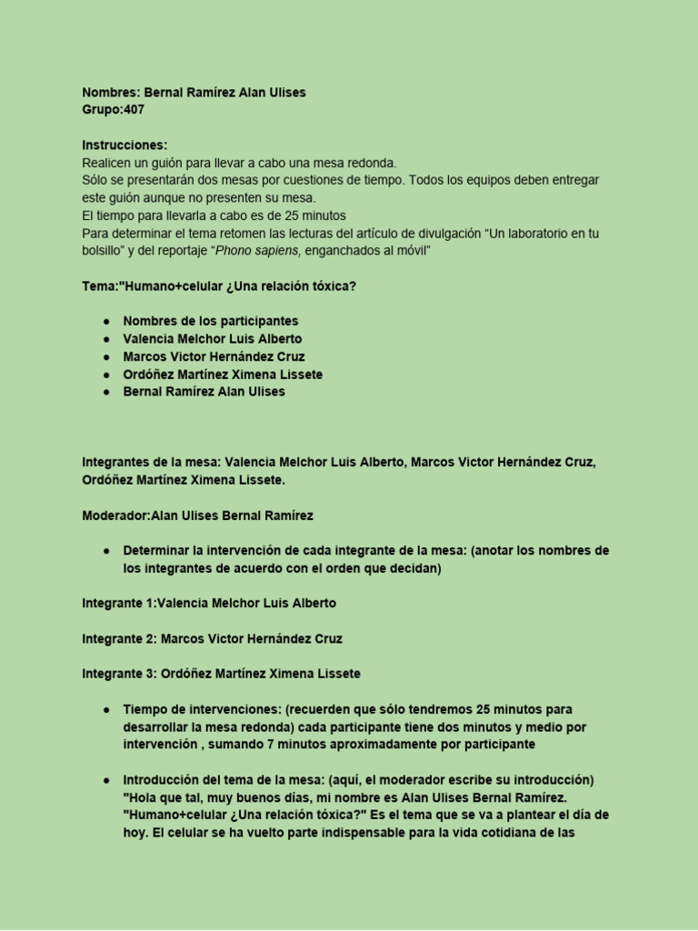 ALAN ULISES BERNAL RAMIREZ - Guión para Mesa Redonda | PDF