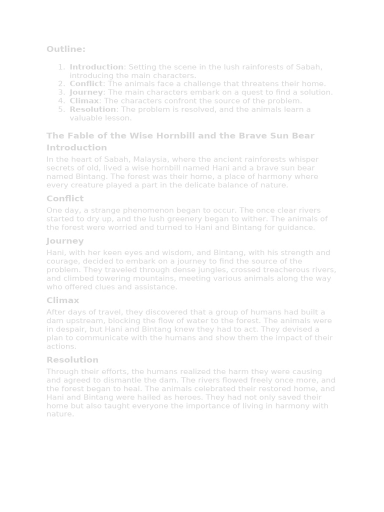 The Fable of The Wise Hornbill and The Brave Sun Bear | PDF