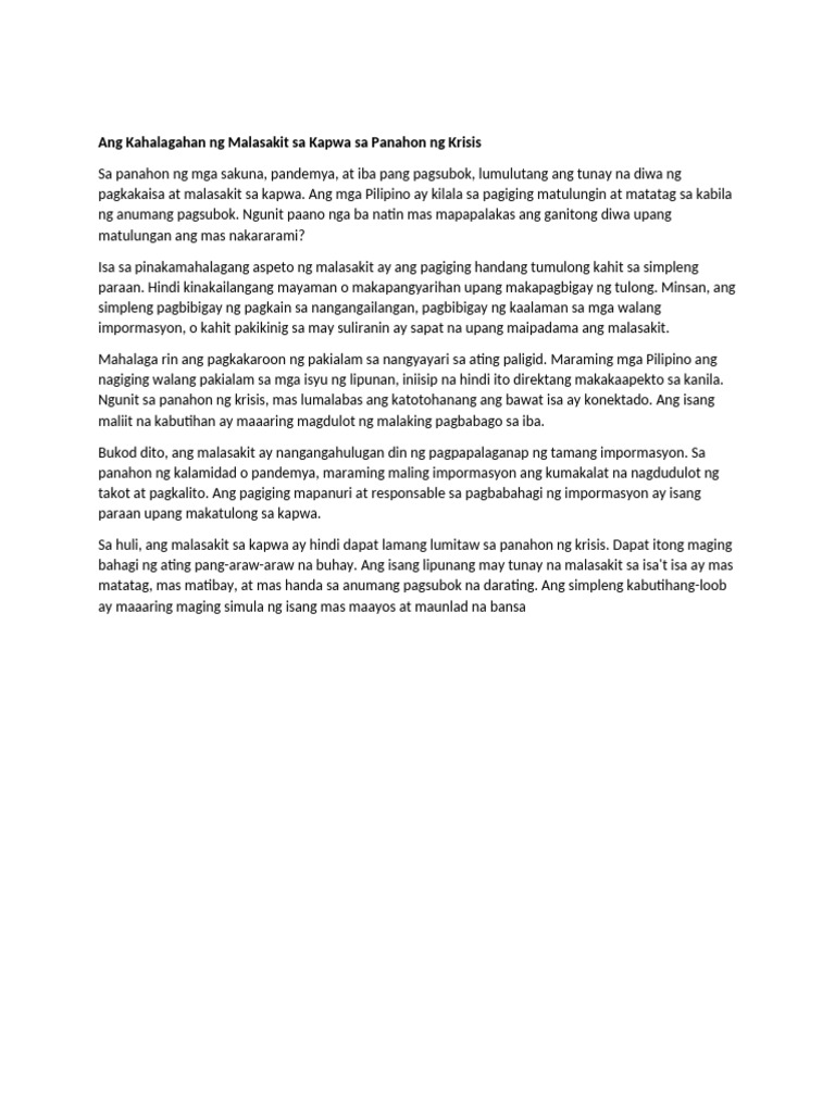 Ang Kahalagahan NG Malasakit Sa Kapwa Sa Panahon NG Krisis | PDF