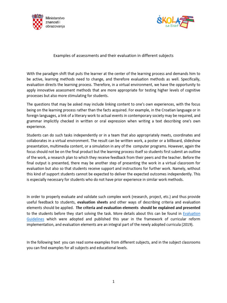 Appendix A - Examples of Assessments and Their Evaluation in Different ...