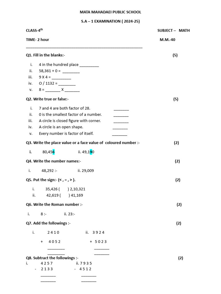 Class 4 Maths SA1 Question Paper 2024 | PDF