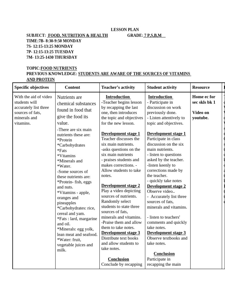 LESSON PLAN WEEK 4 | PDF | Nutrients | Foods