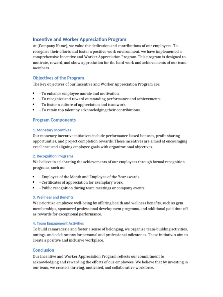 Incentive and Worker Appreciation Program | PDF