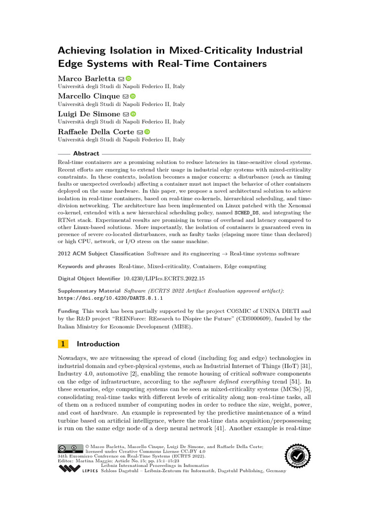 Barletta Et Al. 2022 - Achieving Isolation in Mixed-Criticality Industrial Edge Systems With ...