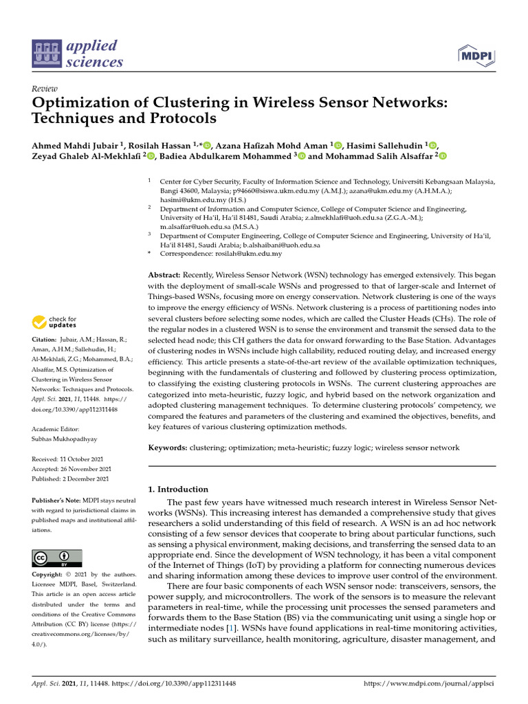applsci-11-11448-v2 | PDF | Wireless Sensor Network | Cluster Analysis