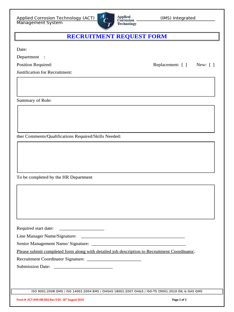 ACT-IMS-HR-R02 Rev 0 Dt. 18th August 2015 RRF | PDF